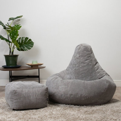 Dalton Cord Adults Bean Bag Recliner and Pouffe, Ready Filled Beanbag and Footstool Grey