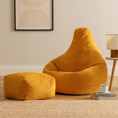 Dalton Cord Adults Bean Bag Recliner and Pouffe, Ready Filled Beanbag and Footstool Ochre Yellow