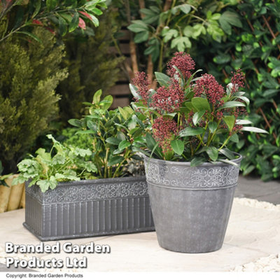 Damask Lead Effect Trough & Round Planter Set of Two Outdoor Garden ...