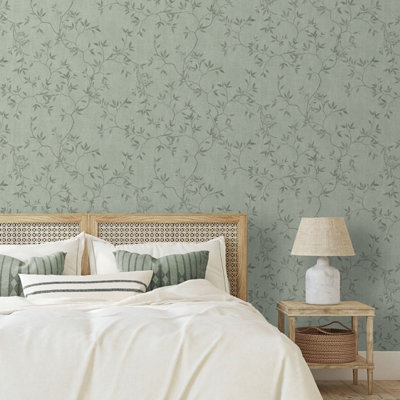 Darcy James Collection Japandi Leaf Wallpaper Green Muriva 173574