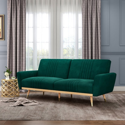 Dark Green Velvet 3 Seat Sofa Bed Recliner Couch with Wood Legs D 103 cm x