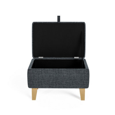 Dark Grey Linen Upholstered Storage Ottoman Footstool with Rubberwood ...