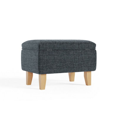 Dark Grey Linen Upholstered Storage Ottoman Footstool with Rubberwood ...