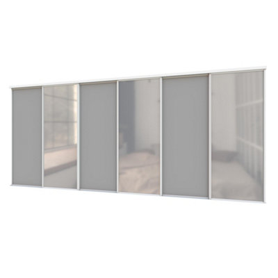 Dark Grey & Mirror 6-Door Sliding Wardrobe Door Kit, White Frame ...