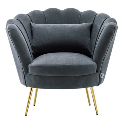 Dark Grey Velvet Tufted Tub Chair Scalloped Back with Cushion