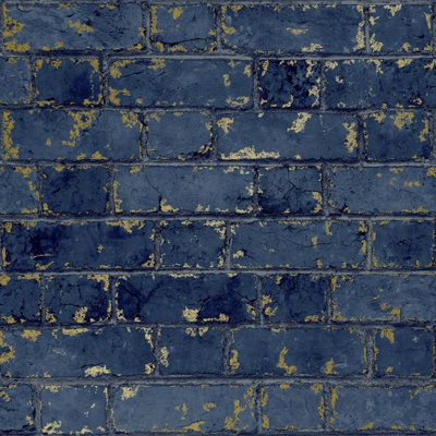 Dark Navy Midnight Blue Metallic Gold Brick Stone Feature Rustic ...