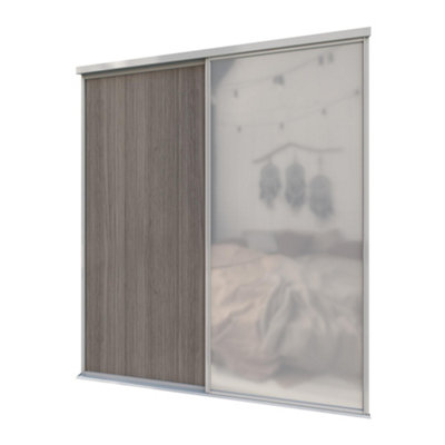 Dark Oak & Mirror 2-Door Sliding Wardrobe Door Kit, Silver Frame ...