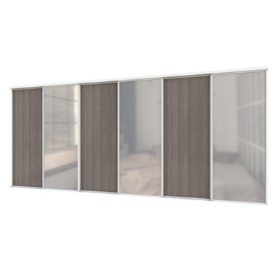 Dark Oak & Mirror 6-Door Sliding Wardrobe Door Kit, White Frame ...