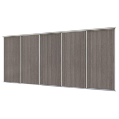 Dark Oak Wood 5-Door Sliding Wardrobe Door Kit, Silver Frame & Tracks ...