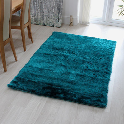 Dark Teal Super Soft Shaggy Handmade Modern Plain Sparkle Easy to Clean ...