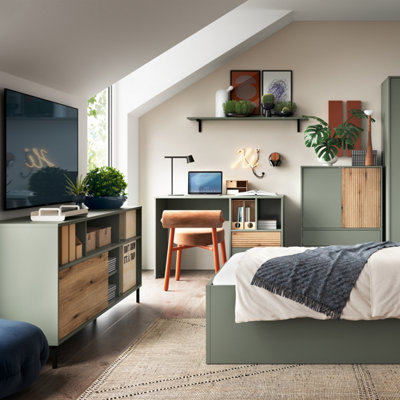 DARWIN DESK 2 DRAWER IN GREEN/OAK