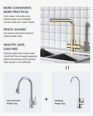 DAYONE Brushed Gold 3 Way Kitchen Tap Hot, Cold & Filtered Water SUS304 ...