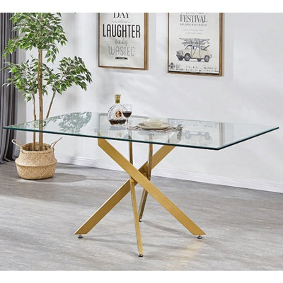 Daytona Large Clear Glass Dining Table With Brushed Gold Legs | DIY at B&Q