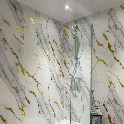 DBS Bathrooms Gold White Marble PVC Shower Wall Panel 1m x 2.4m