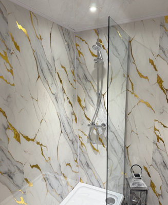DBS Bathrooms Gold White Marble PVC Shower Wall Panel 1m x 2.4m