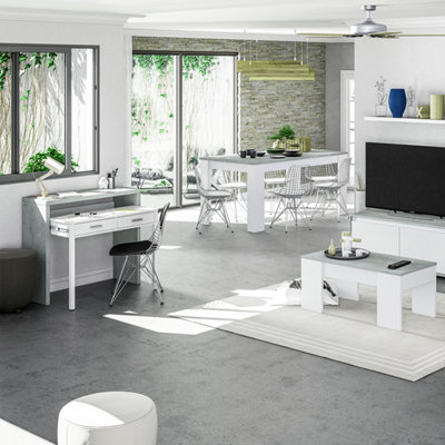 DC - AMBRA Extending Computer Desk with 2 Drawers - White & Cement (H ...