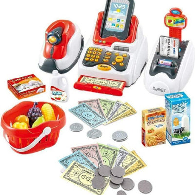 deAO Kids Cash Register Toy with Scanner & Play Food Money Groceries ...