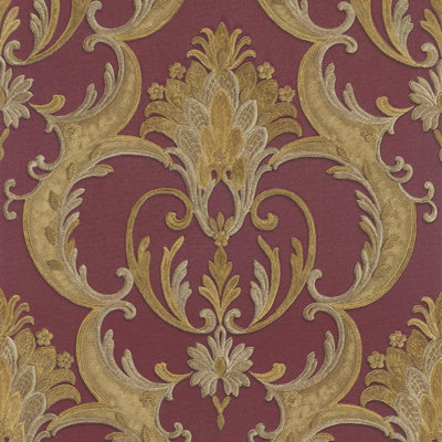 Debona Classic Damask Red Gold Wallpaper Textured Floral Traditional ...