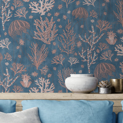 Debona Coral Aqua Blue Pale Pink Salmon Spongeable Wallpaper 5026