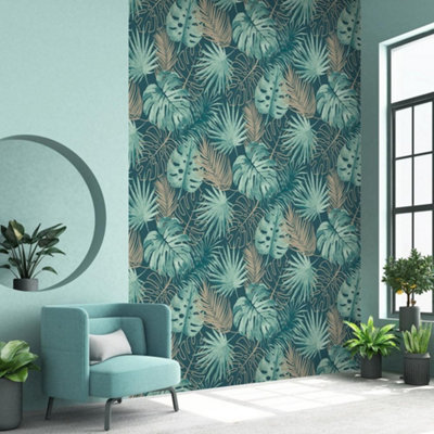 Debona Laguna Tropical Green Gold Glitter Palm Leaf Jungle Wallpaper 6370
