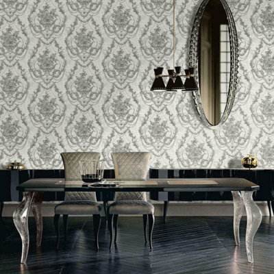 Debona Perla II Damask Texture Vinyl Silver Grey Metallic Glitter ...