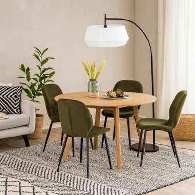Debrecen Solid Oak Round Dining Table with 4 Olive Green Corduroy Chairs by