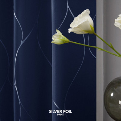 Deconovo Eyelet Blackout Thermal Curtains, Silver Wave Line Foil ...
