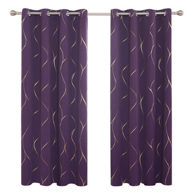 Deconovo Eyelet Curtains Blackout Thermal Insulated Gold Wave Foil Printed Curtains W52 x L84 Inch Purple Crape One Pair