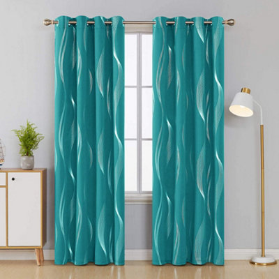 Deconovo Thermal Curtains Silver Wave Line Foil Printed Eyelet Blackout ...