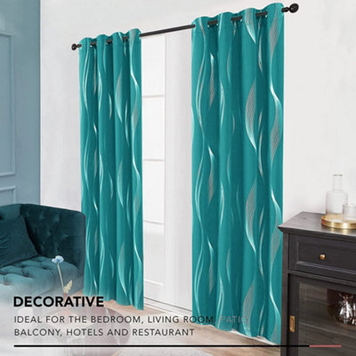 Deconovo Thermal Curtains Silver Wave Line Foil Printed Eyelet Blackout ...
