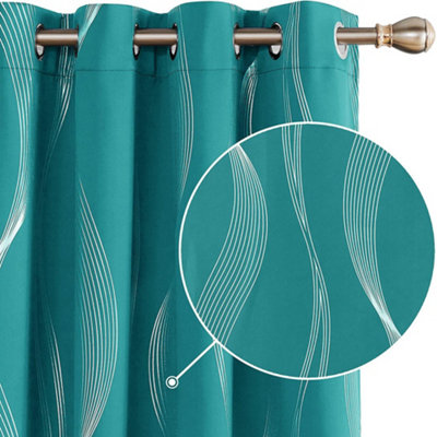Deconovo Thermal Curtains Silver Wave Line Foil Printed Eyelet Blackout ...