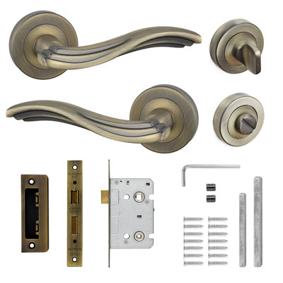 DecorAndDecor - Door Handle Set - Antique Brass Bathroom Door Handle With Lock - Brass Internal ...