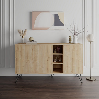 Decortie Clara Sideboard Cabinet Modern Storage Shelves Hairpin Legs Oak 142cm