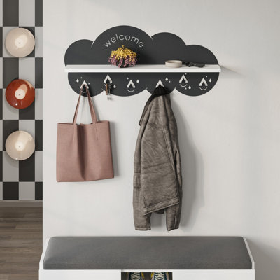 Decortie Cloudy Wall-Mounted Metal Hanger White Shelf with 6 Metal Hooks Welcome Cloud Shape ...