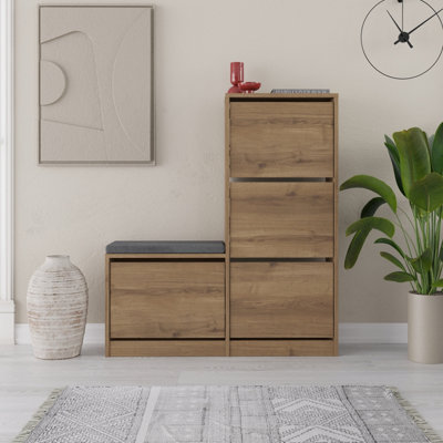 Decortie Dude Shoe Storage Bench 4 Drop Doors Cabinet Dark Oak Effect 118.5cm