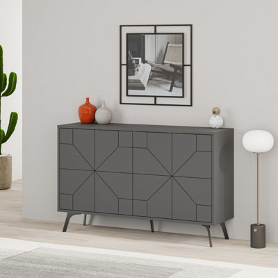 Decortie Dune Anthracite Grey Geometric 4 Door Sideboard with Metal ...