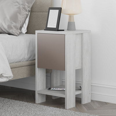 Decortie Ema Modern Bedside Table with Storage Drop Door Cabinet Ancient White Mocha Grey 30cm Width