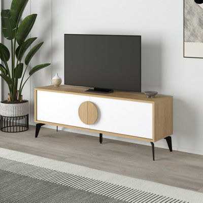 Decortie Gora Modern TV Unit Oak, White 140(W)cm with 2 Door Flap Stay ...
