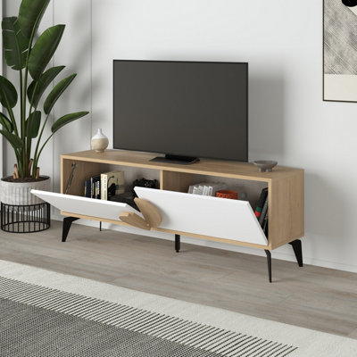 Decortie Gora Modern TV Unit Oak, White 140(W)cm with 2 Door Flap Stay ...