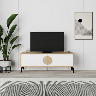 Decortie Gora Modern TV Unit Oak, White 140(W)cm with 2 Door Flap Stay ...