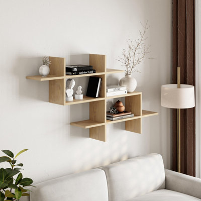 Decortie Halic 3 Tiers Wall Mounted Shelf Modern Floating Bookcase Oak ...