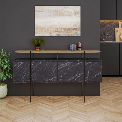 Decortie Hanley Modern Console Table Storage Cabinet with 4 Cabinets and Top Shelf Black Marble ...
