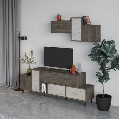 Decortie Hermes Modern Tv Unit Dark Coffee Gold Marble Effect With Wall Storage Unit 171.2cm ...
