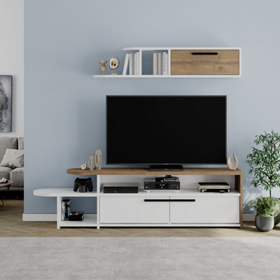 Decortie Lyra Modern TV Unit White Oak Effect with Storage and Wall ...