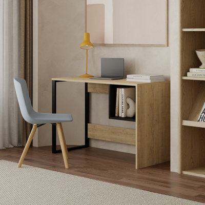Decortie Model-4 1100(D)cm Computer Desk Oak, Black Wood Workstation PC ...