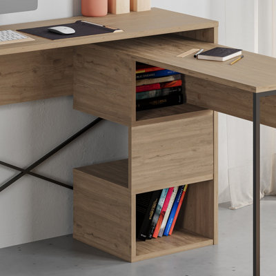 Decortie Modern Badau L-Shaped Computer Desk Natural Oak Black Metal ...