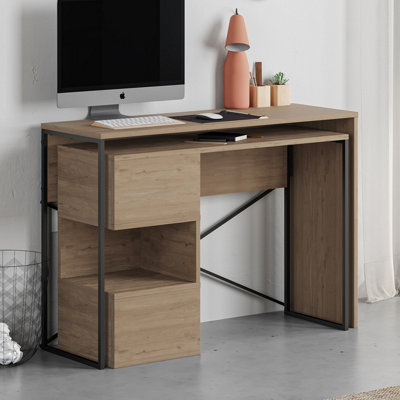 Decortie Modern Badau L-Shaped Computer Desk Natural Oak Black Metal ...