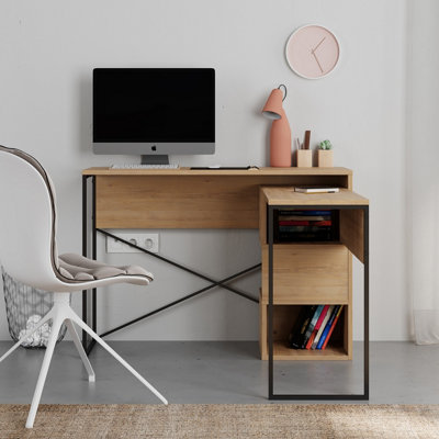 Decortie Modern Badau L-Shaped Computer Desk Oak Black Metal Legs 3 ...