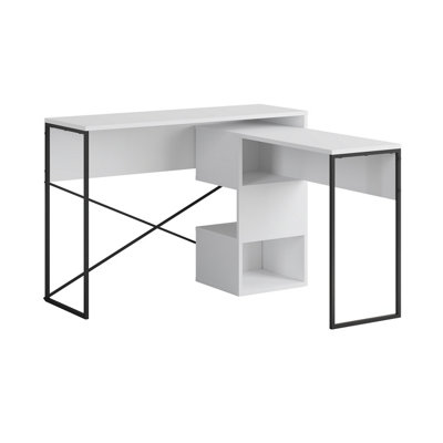 Decortie Modern Badau L-Shaped Computer Desk White Black Metal Legs 3 ...