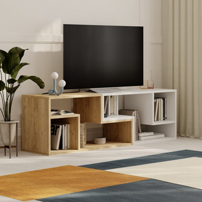 Decortie Modern Glis Corner TV Unit Versatile Design for TVs Up to 35 Inches Adjustable TV Shelf Media Centre Oak White